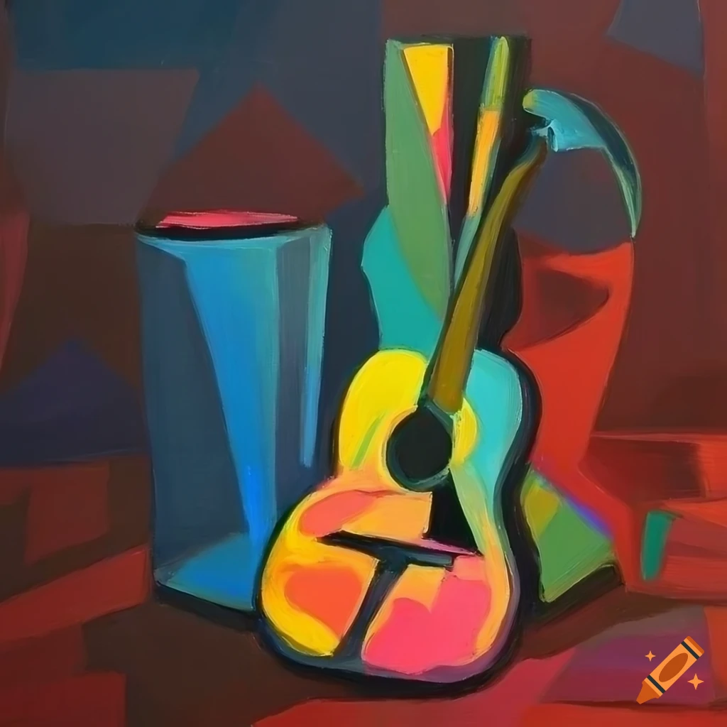 Cubist neon colored still life painting with jug and guitar on Craiyon