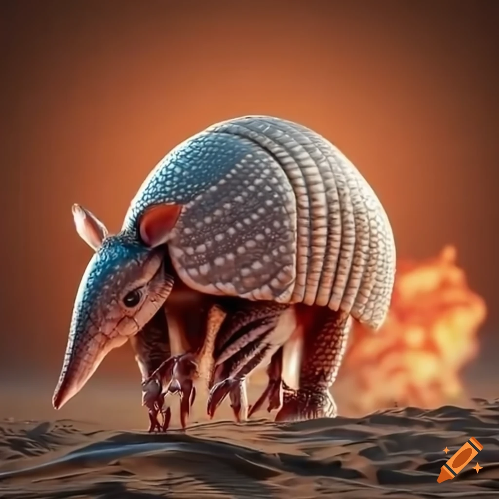 Explosion of an armadillo in the desert depicted in a photorealistic style on Craiyon