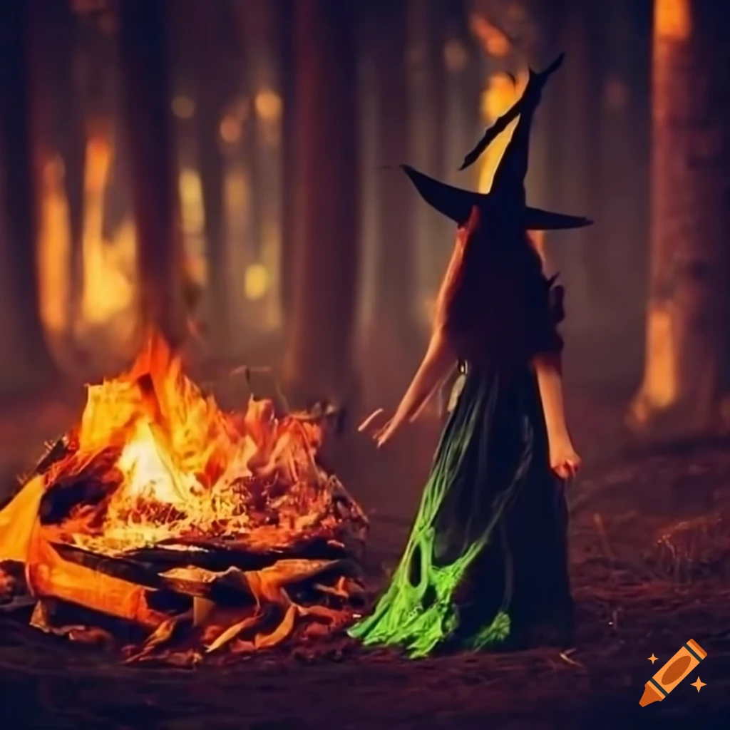 Witches gathering around a bonfire in the forest during halloween on Craiyon