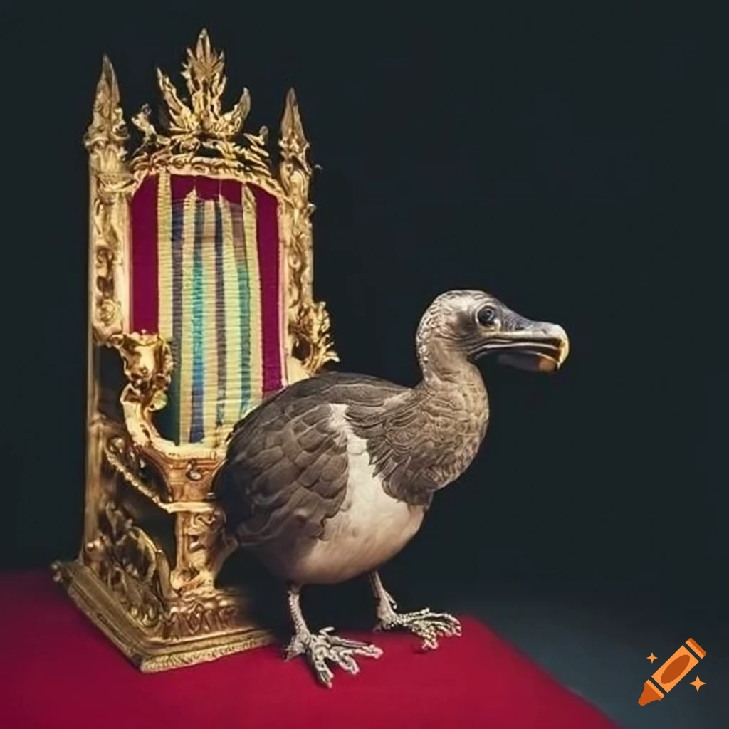 Dodo bird adorned with military medals sitting on a throne on Craiyon