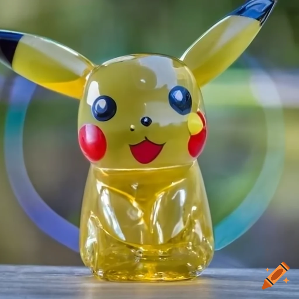 Colorful glass Pikachu sculpture on a table with light reflections on ...