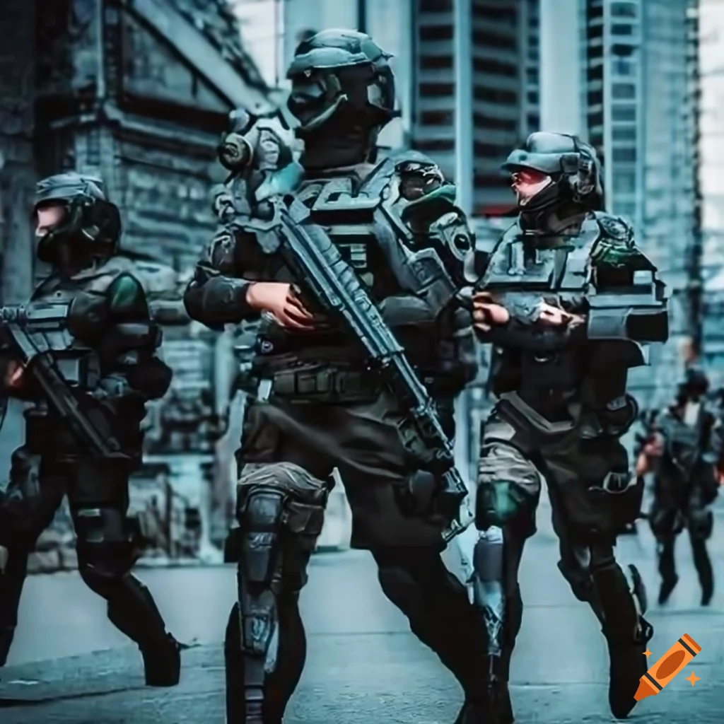 Sci-fi dystopian tactical police force in futuristic gear marching ...