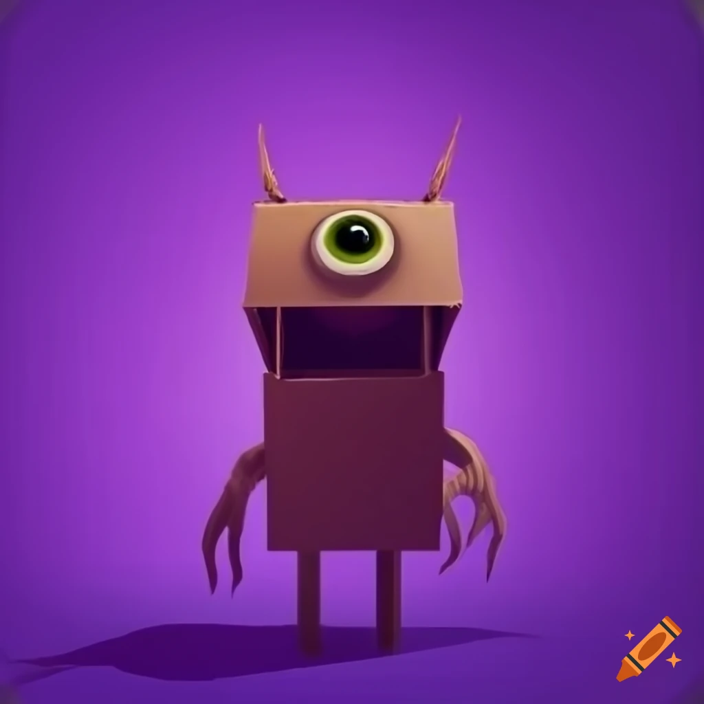 Cardboard box monster on a purple mystery background on Craiyon