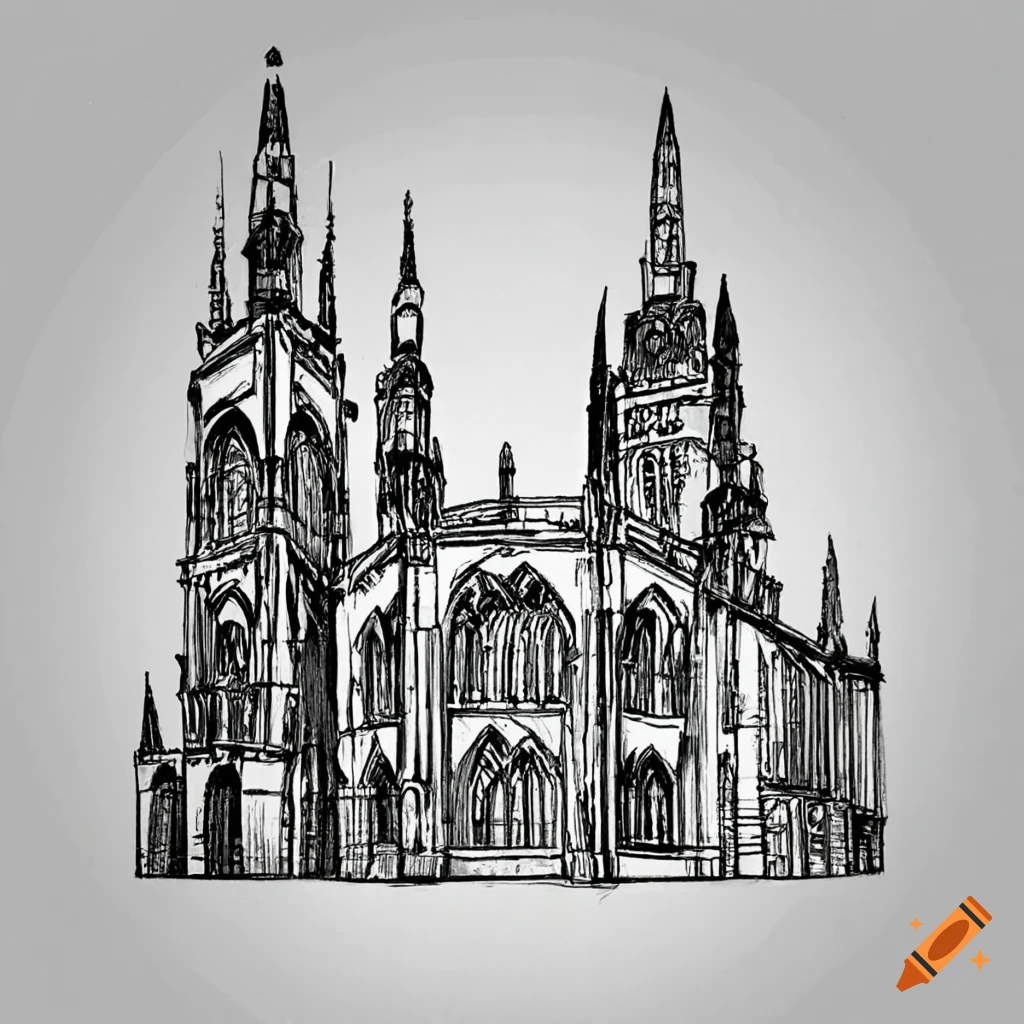 Detailed hand-drawn black and white sketch of coventry cathedral on Craiyon