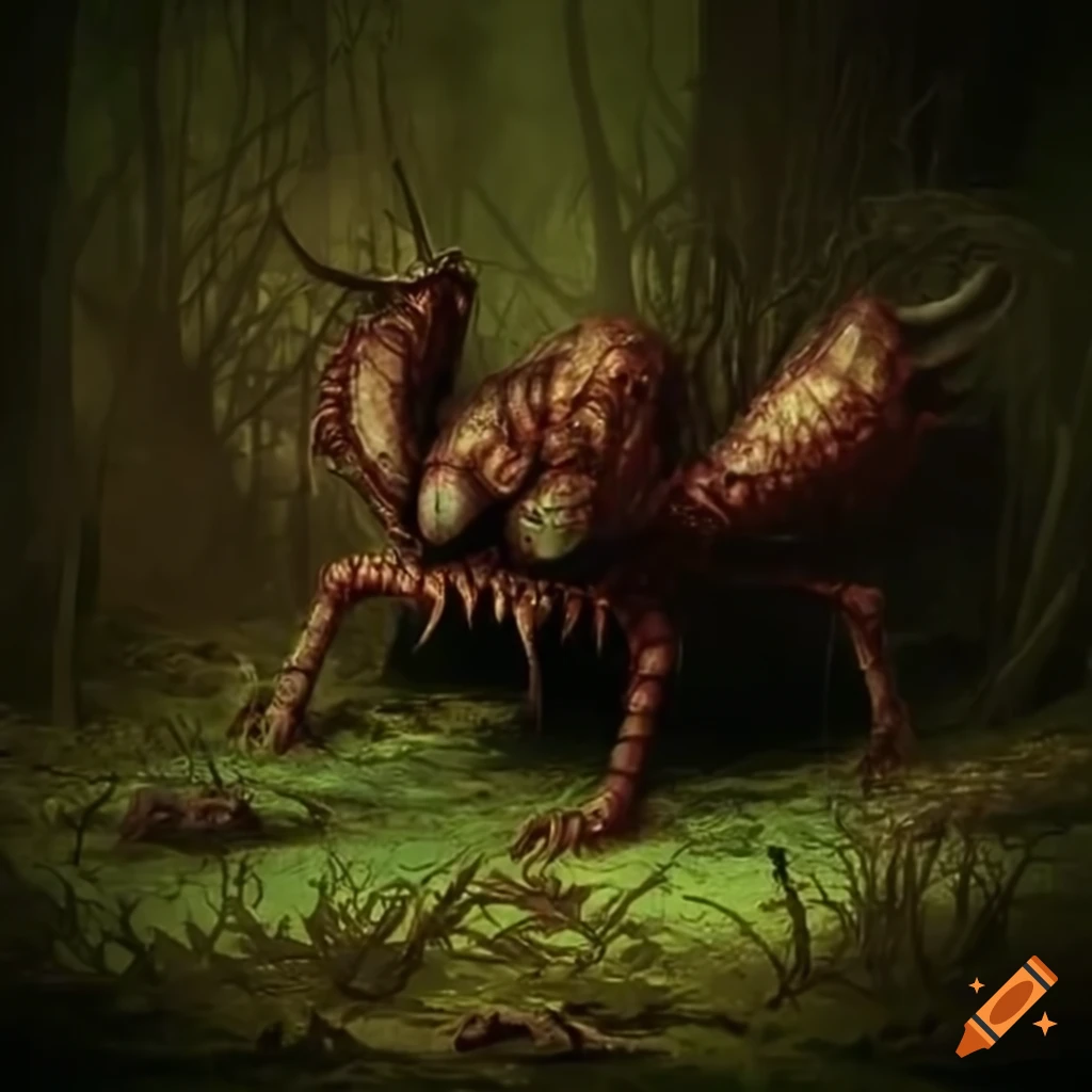 Fantasy insect monster emerging from the ground in a haunted forest on ...