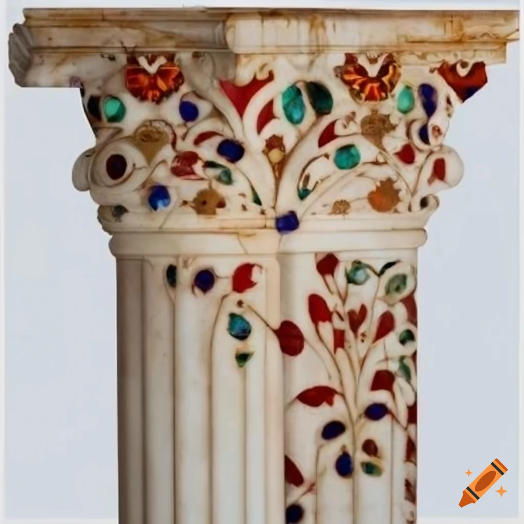 Roman marble column capital with precious stone inlay and floral motifs ...