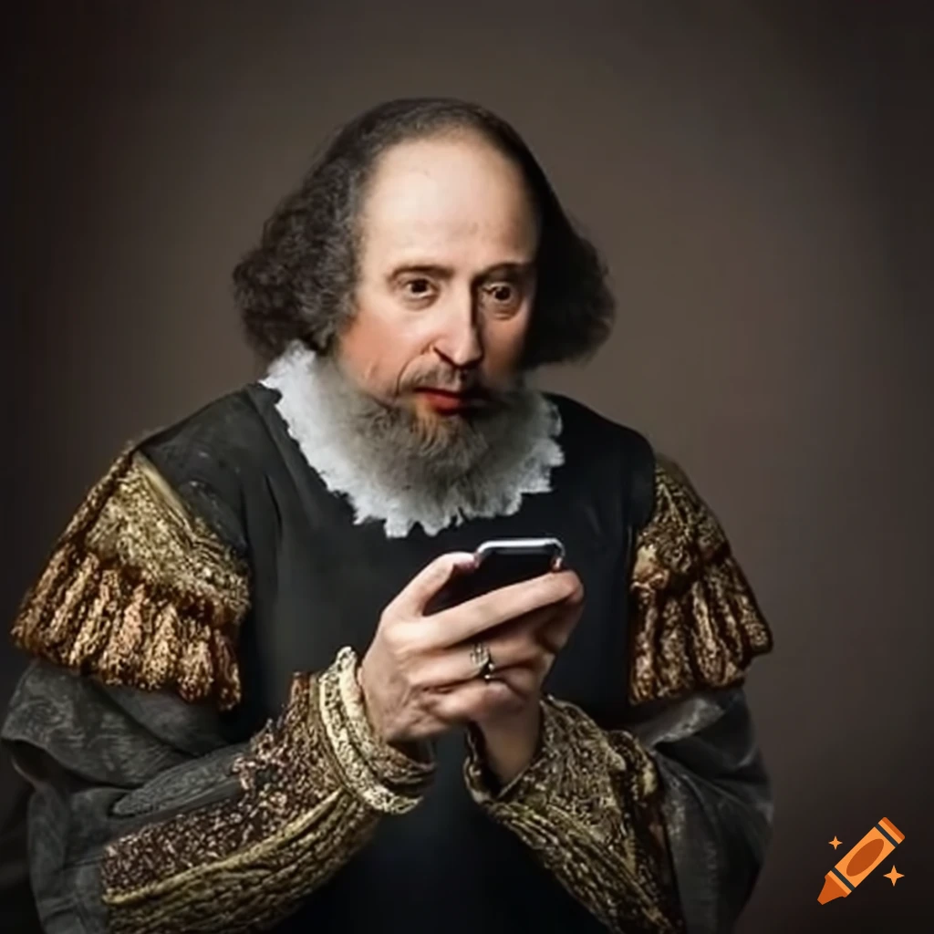 William Shakespeare holding a cell phone on Craiyon