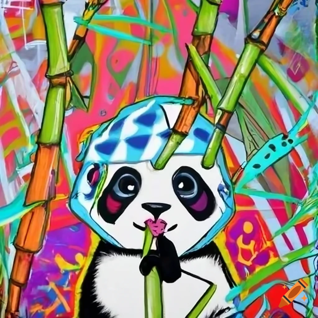 Psychedelic pandas with bamboo in rain coats at the circus in graffiti ...