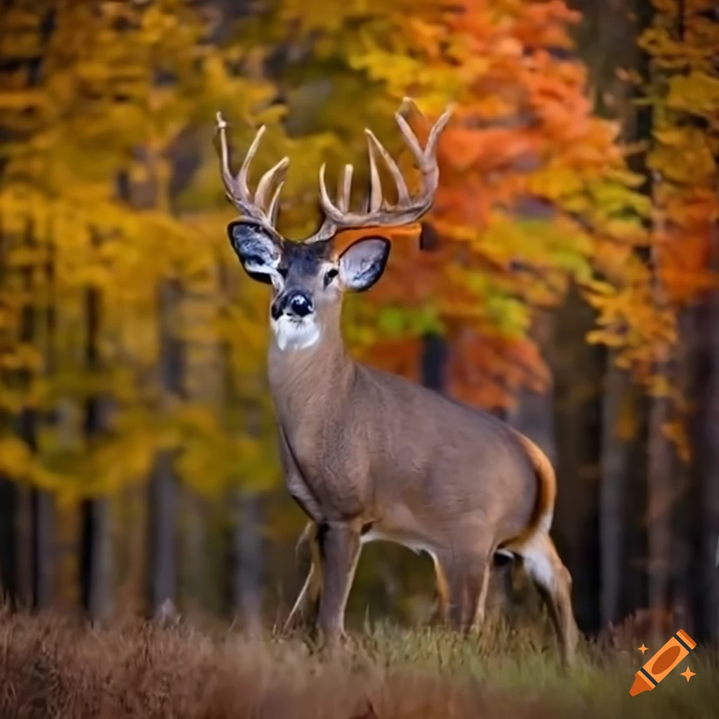 Impressive buck standing in the autumn forest with vibrant colors on ...