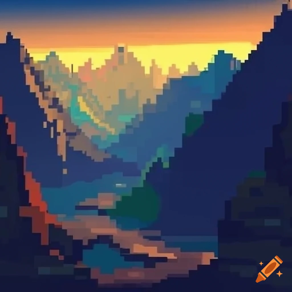Pixel art of fantasy mountains on Craiyon