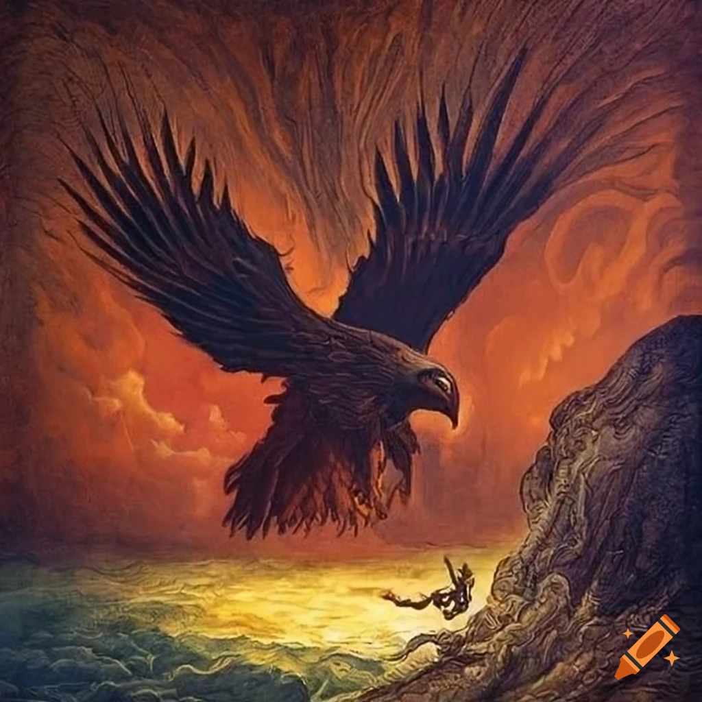 Visionary depiction of an abyss of fire with an eye and falling double ...