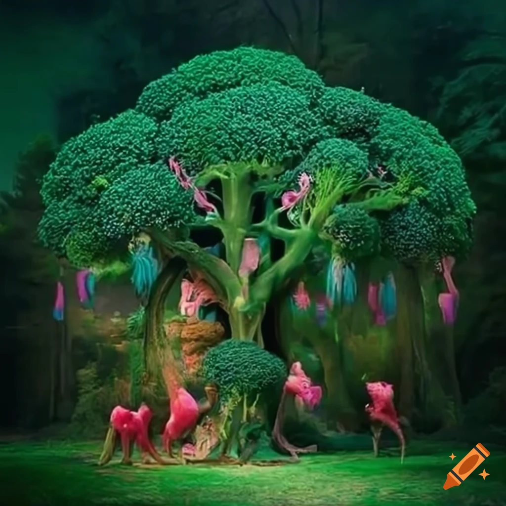 Fantastical forest with pink chickens and giant broccoli trees bearing ...