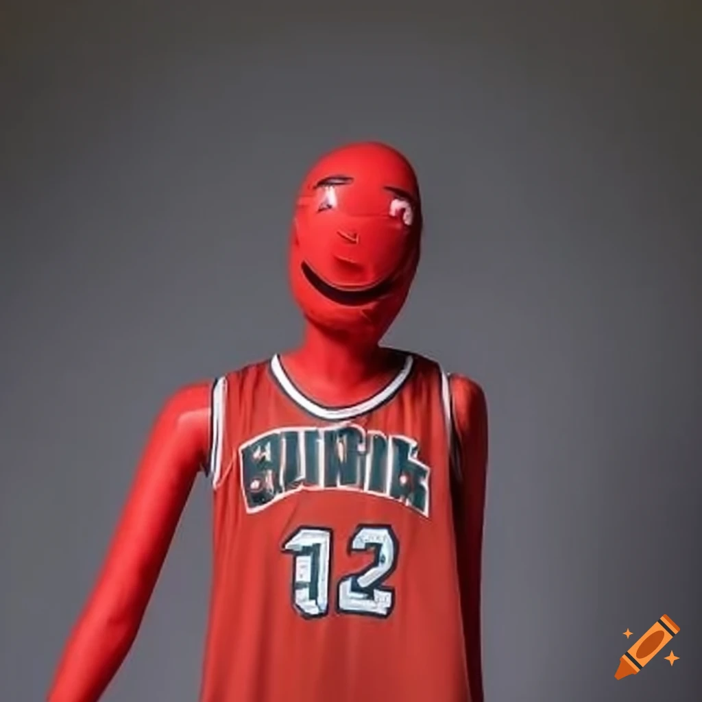 Red man with basketball jersey holding a broom on Craiyon