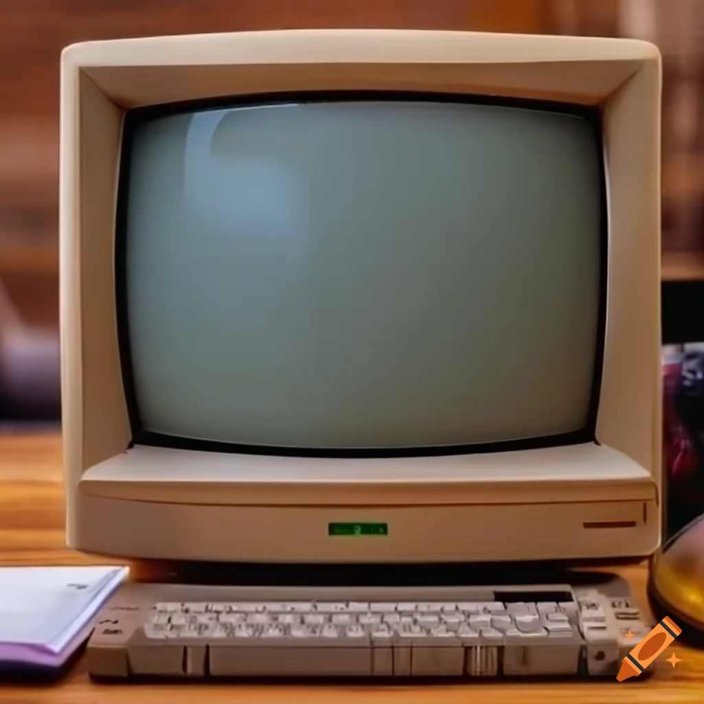 Close-up of an old CRT computer monitor on a wooden desk in a retro ...