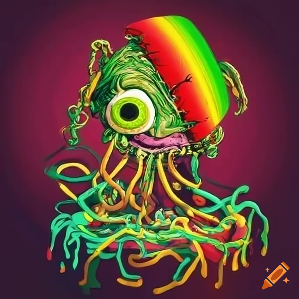 Flying spaghetti monster djing with colorful records in modern art ...