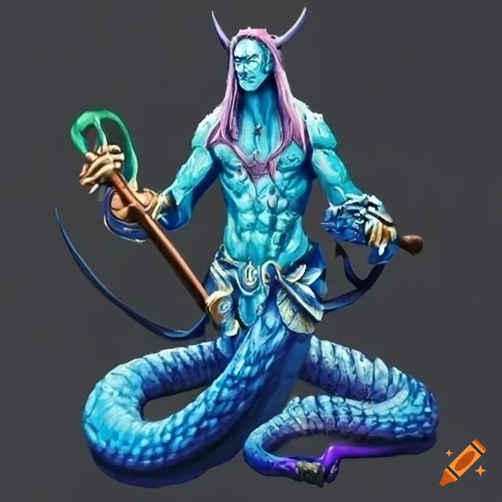 Blue serpent wizard humanoid character on Craiyon