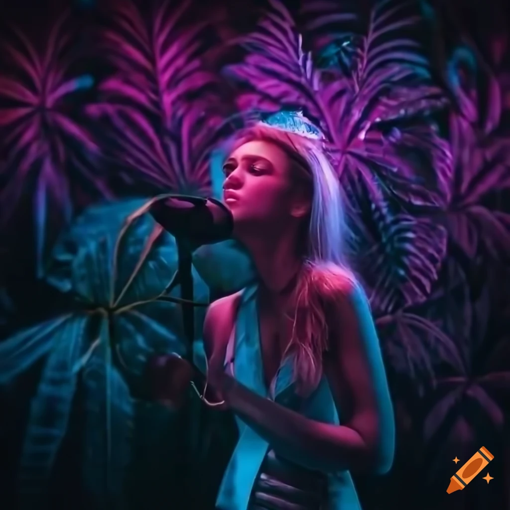 Singer with mic stand in front of plant wall with real plants and palms ...
