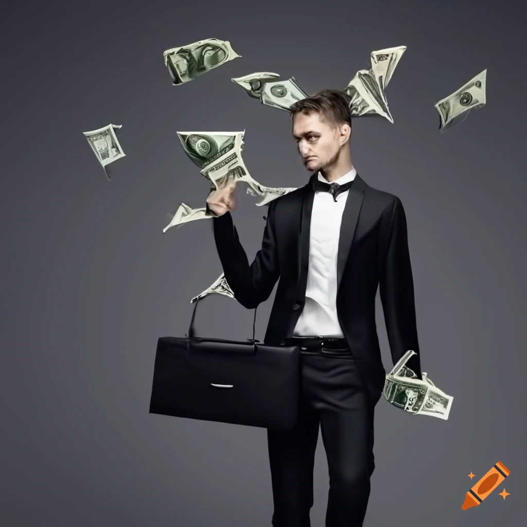 Successful businessman with briefcase of money behind large business ...