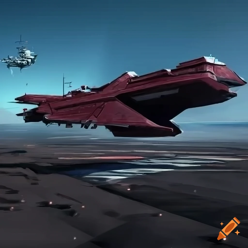 Massive red spaceship with open hangar door in a deserted landscape on ...