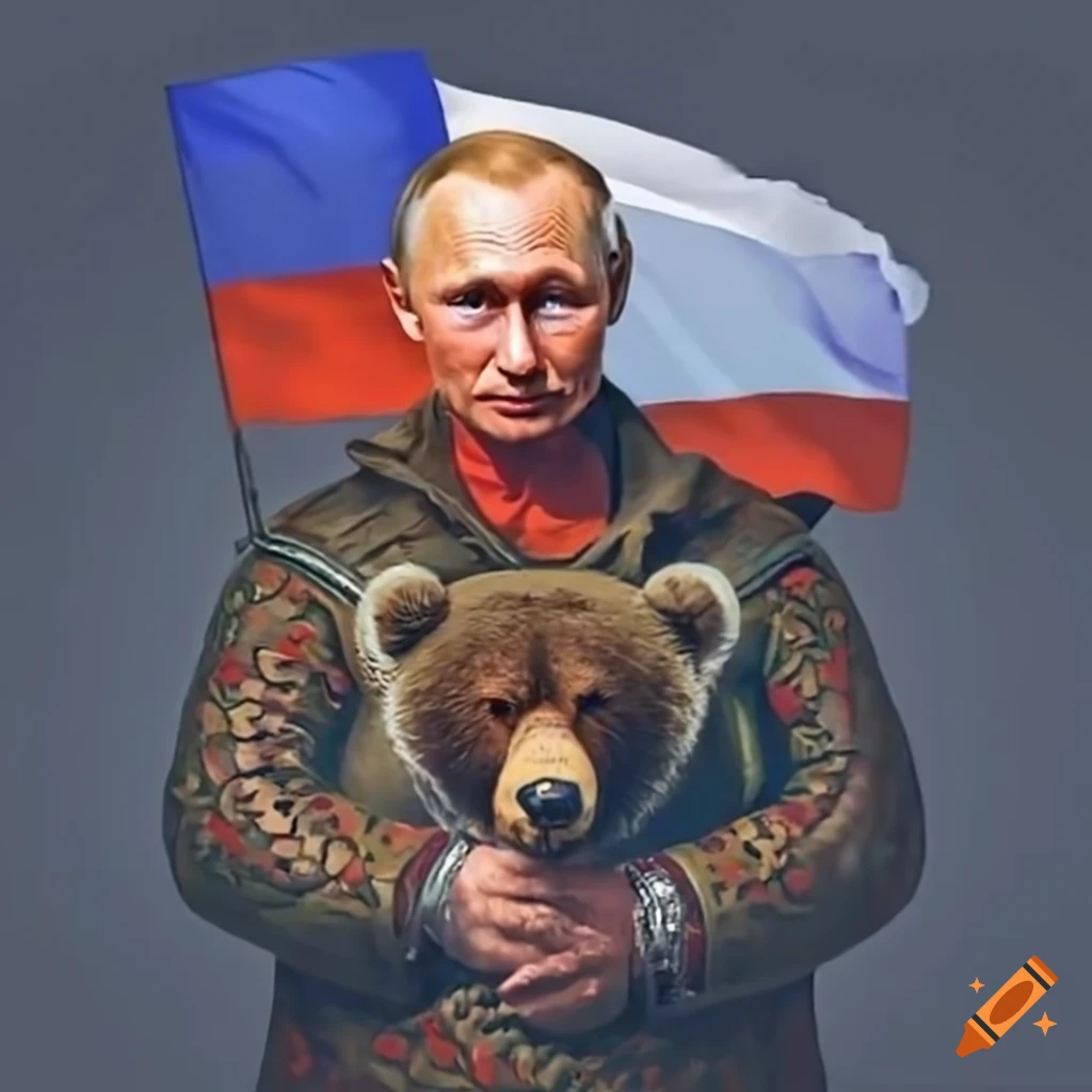 Putin with a bear holding a russian flag on Craiyon