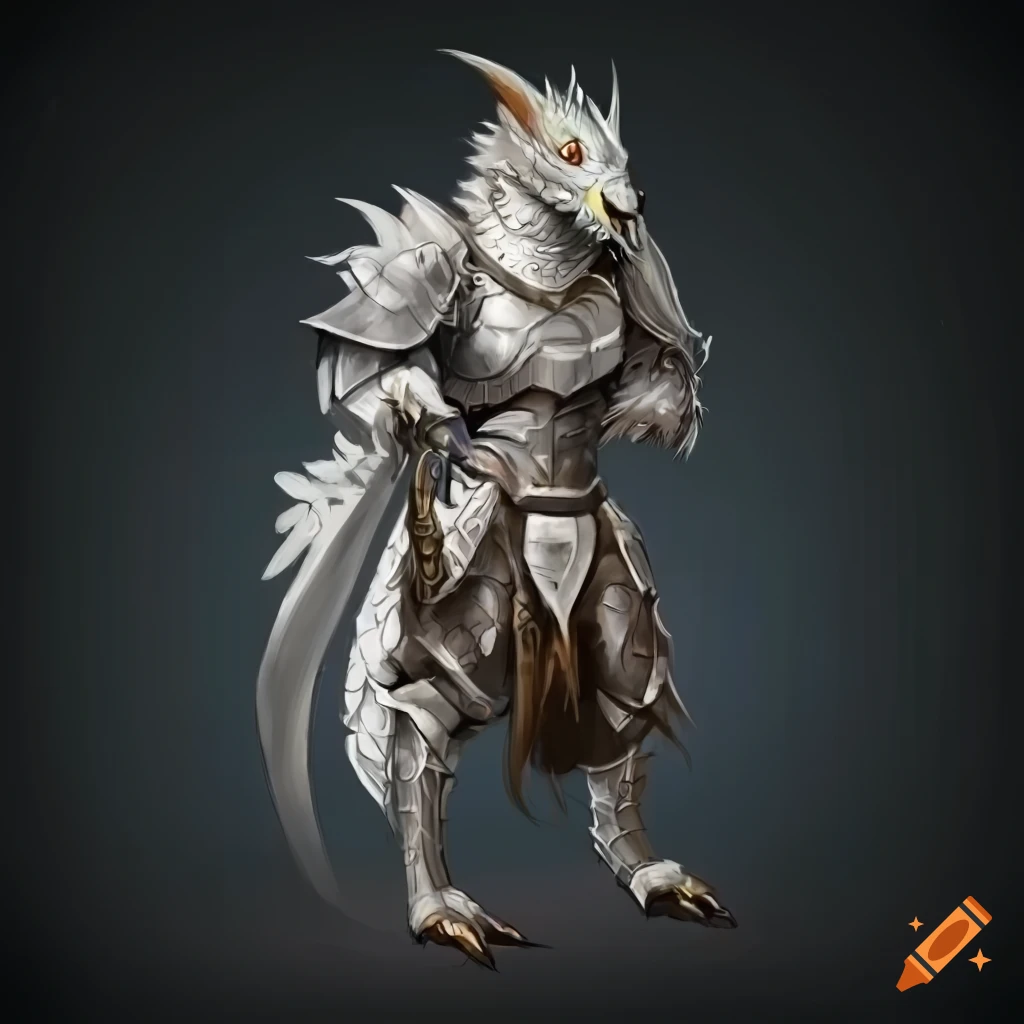 Male anthro white dragon in armor on Craiyon