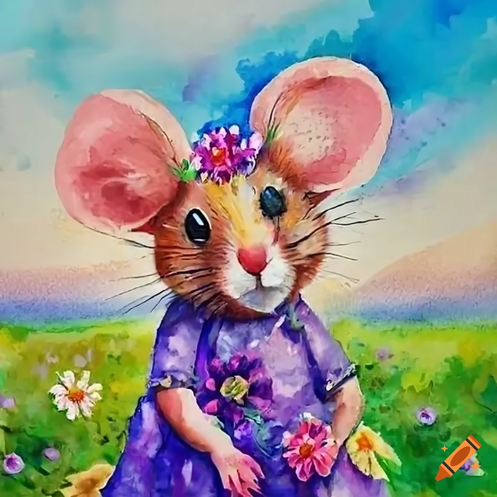 Cute pink mouse made of flower blossoms in a flower field on Craiyon