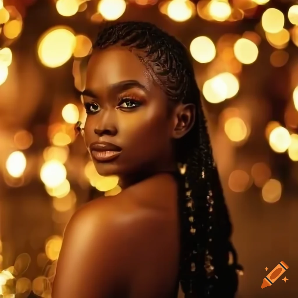 Stunning black woman radiating grace in soft light with golden lights in the background on Craiyon