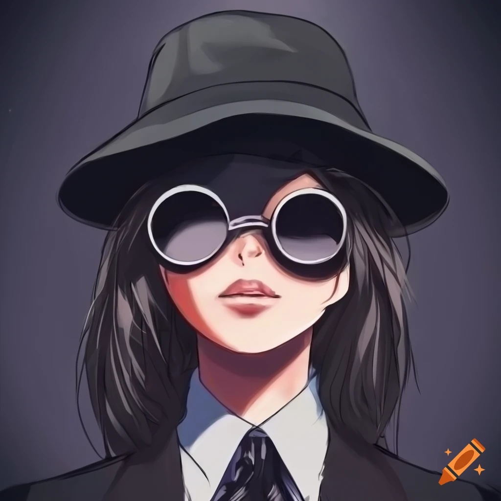Woman in anime style with black bucket hat, suit, tie, and round ...