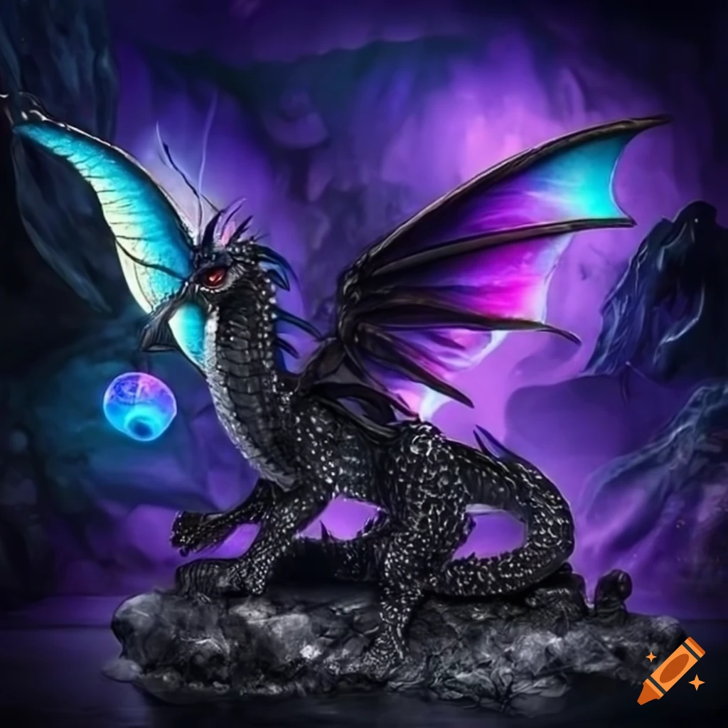 Mythical black fae dragon with morpho butterfly wings in a crystalline ...