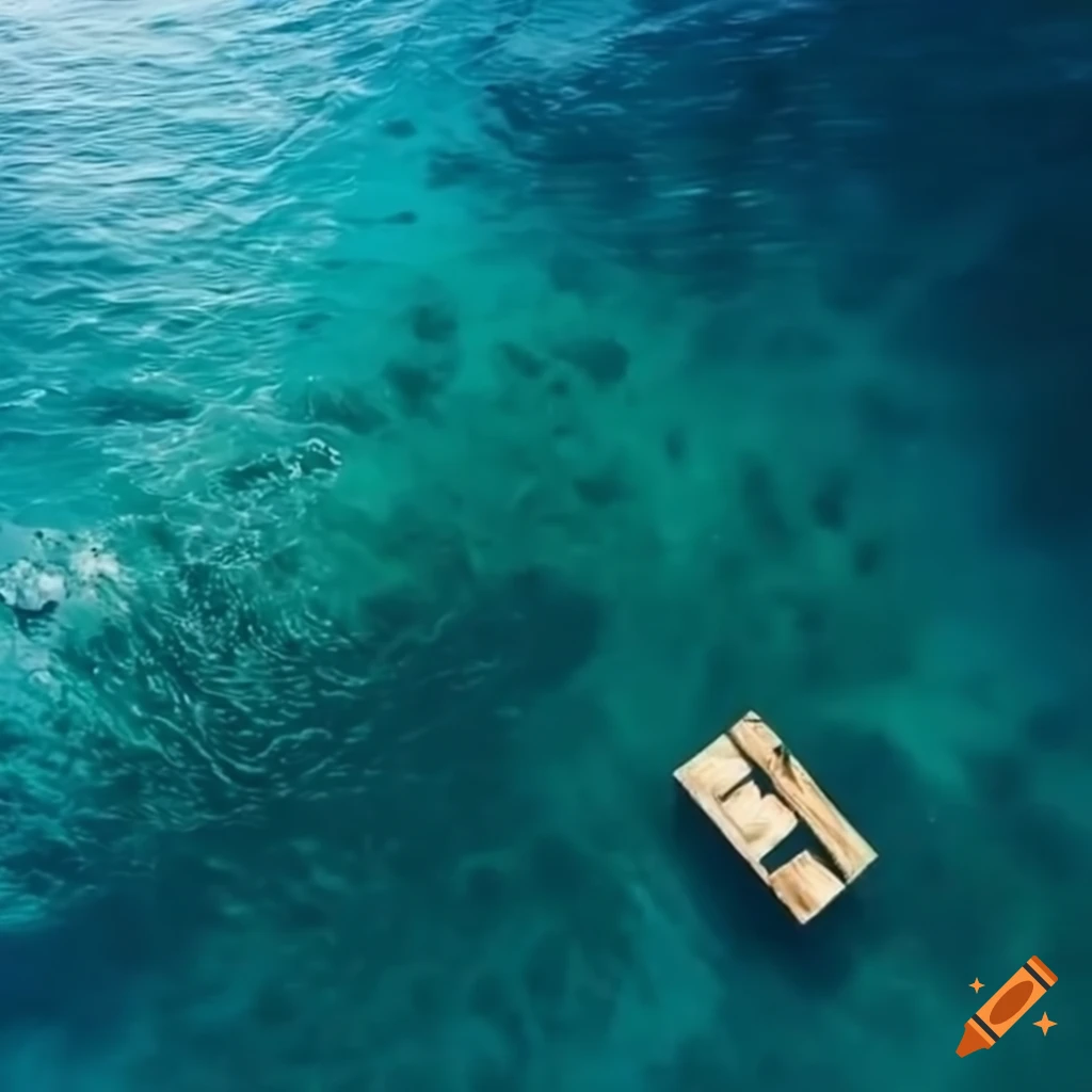 Ocean view from above with a wooden box floating on Craiyon