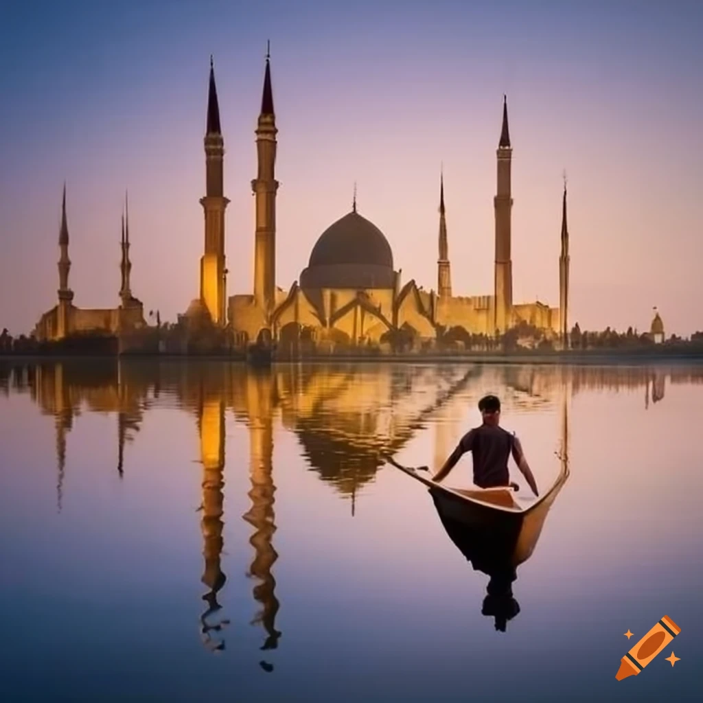 Muslim man rowing a boat near mosque domes with serene reflection on ...