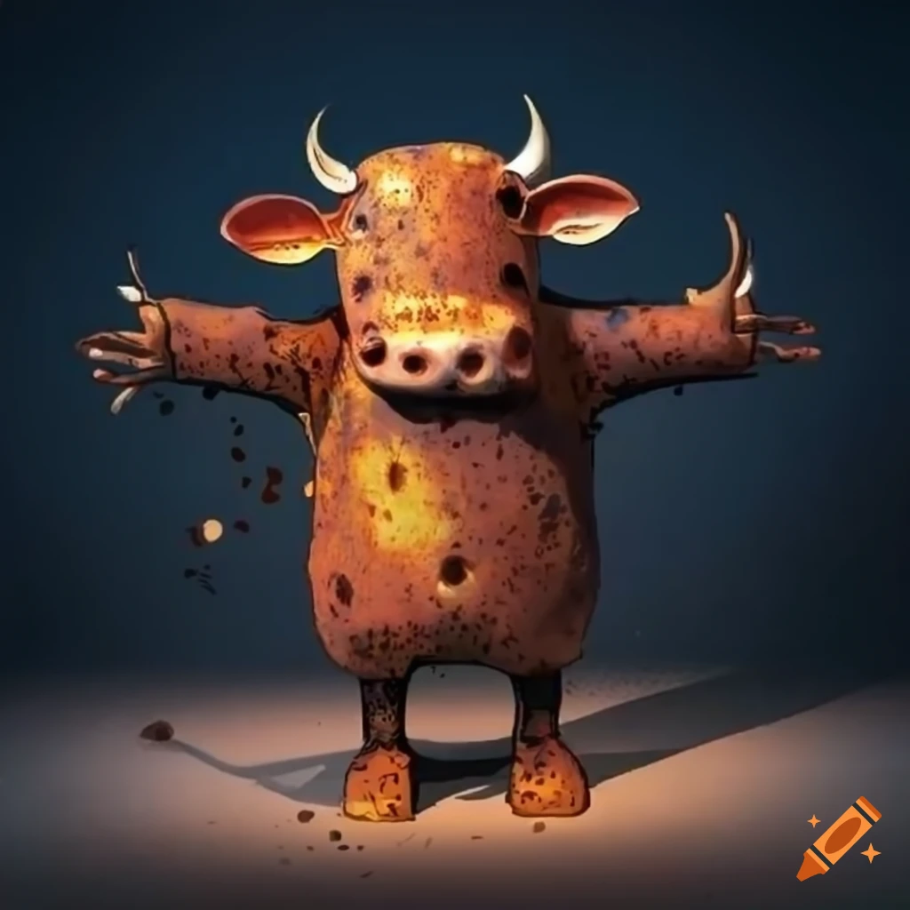 Comic art of a rusty cow with sunlight shining through holes on Craiyon