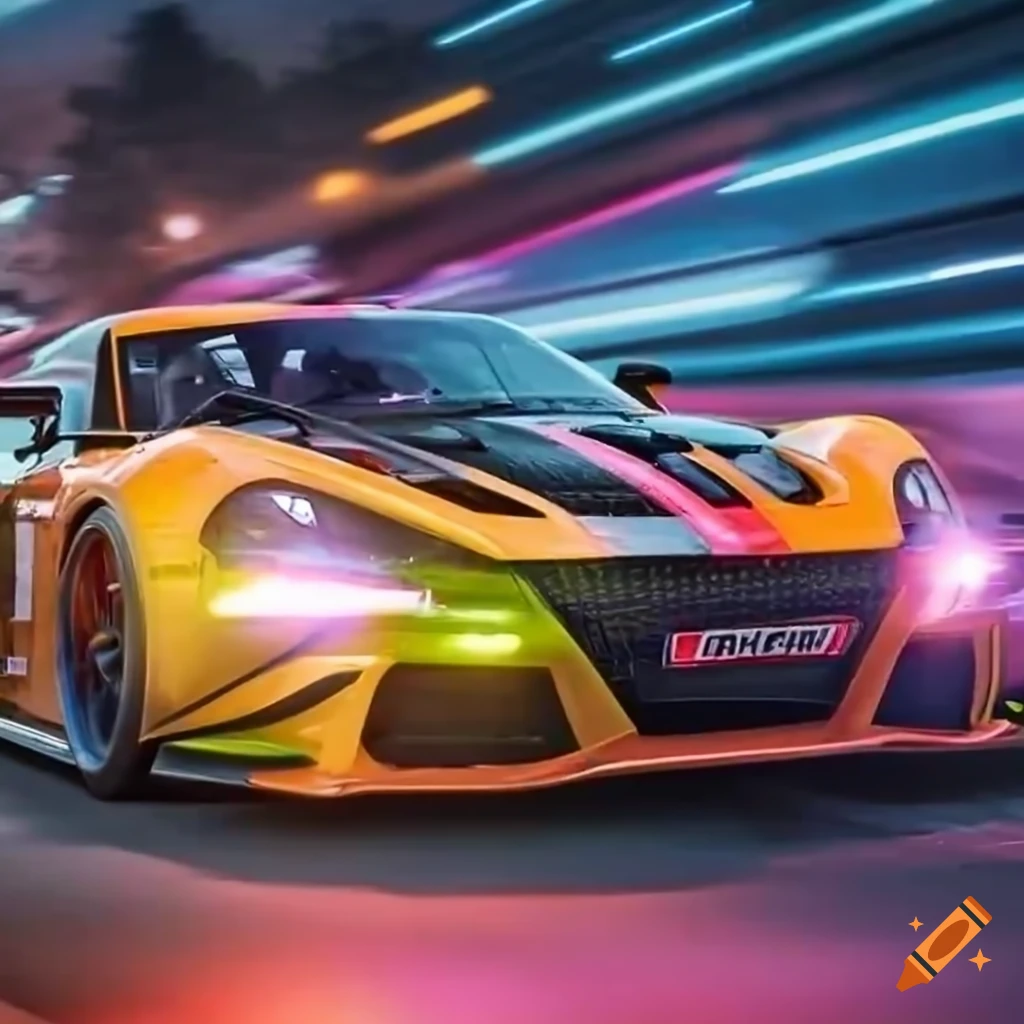 GT3 car racing on urban city streets at night with vibrant colors and ...