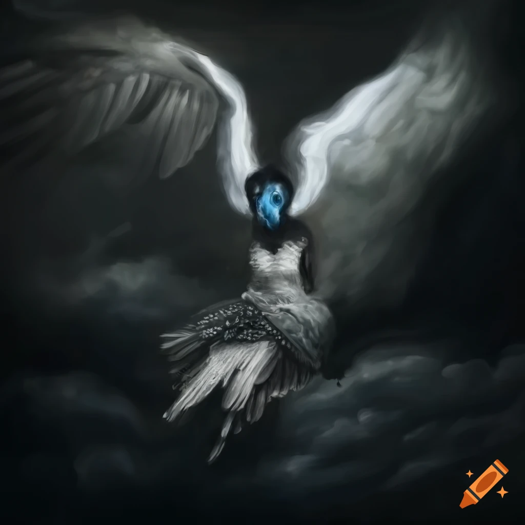 Human harpy flying in a storm with a blue jewel on Craiyon