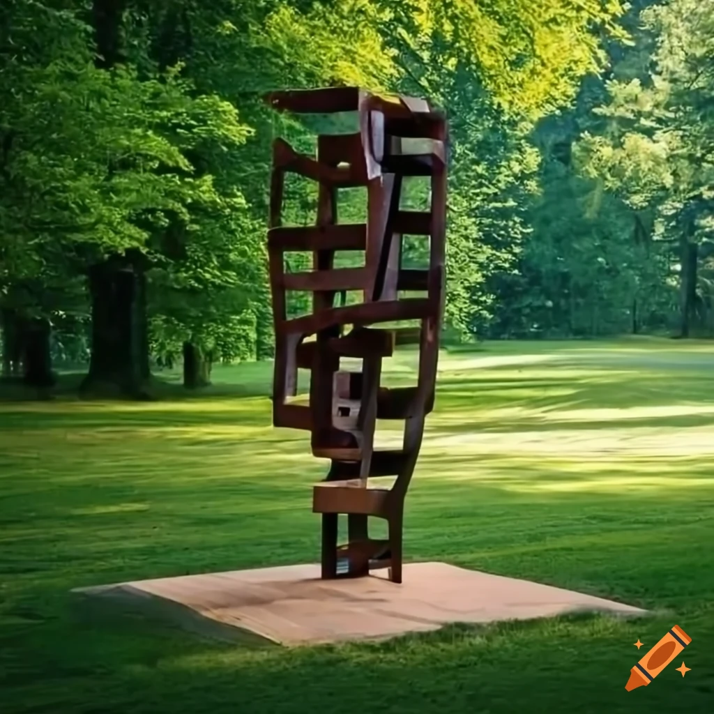 Monumental abstract wood and metal sculpture in a park on Craiyon