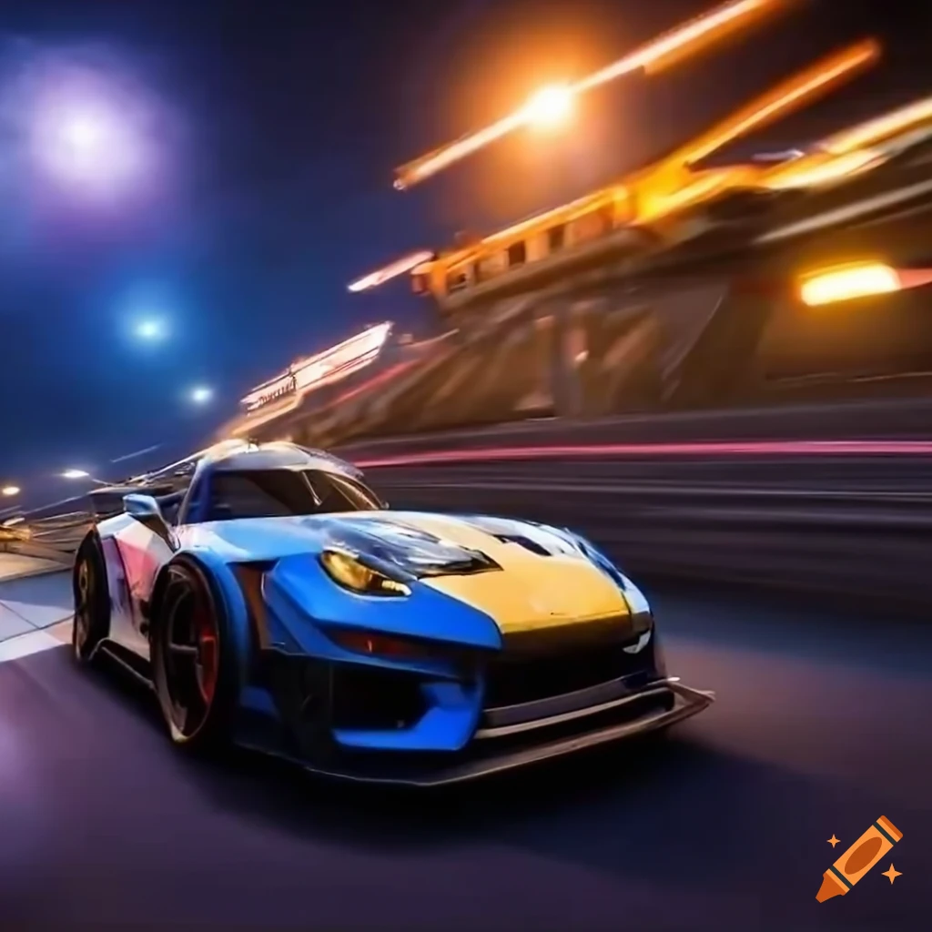 Gt3 car racing on urban city streets at night with vibrant colors and ...