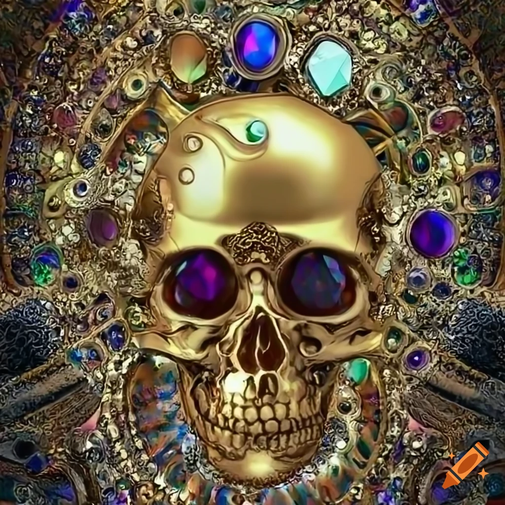 Golden skull with colorful gem stones and ethnic carvings under bright ...