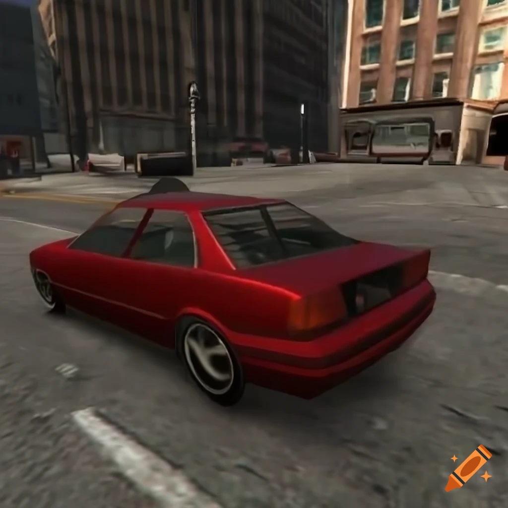 Car in a realistic city setting reminiscent of GTA 3 graphics on Craiyon