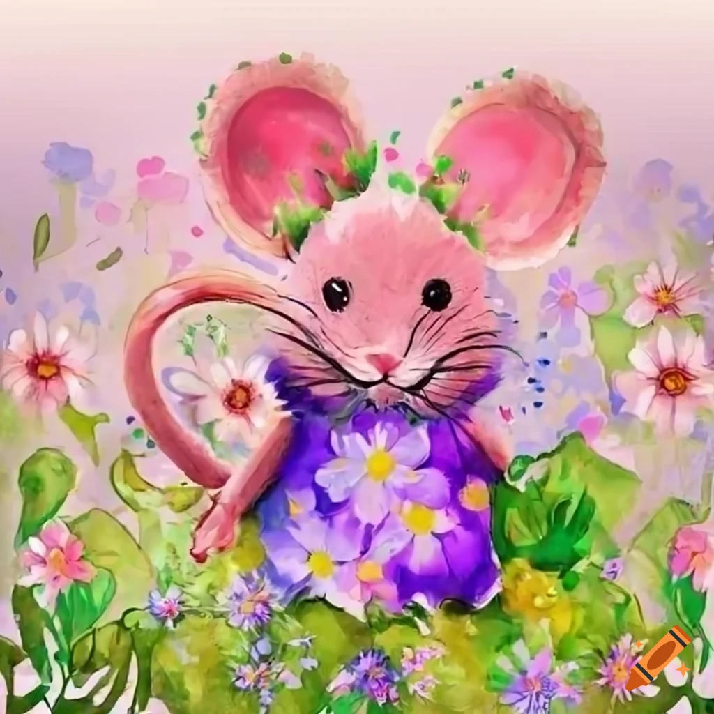 Cute storybook pink mouse made of flower blossoms in a flower field on ...