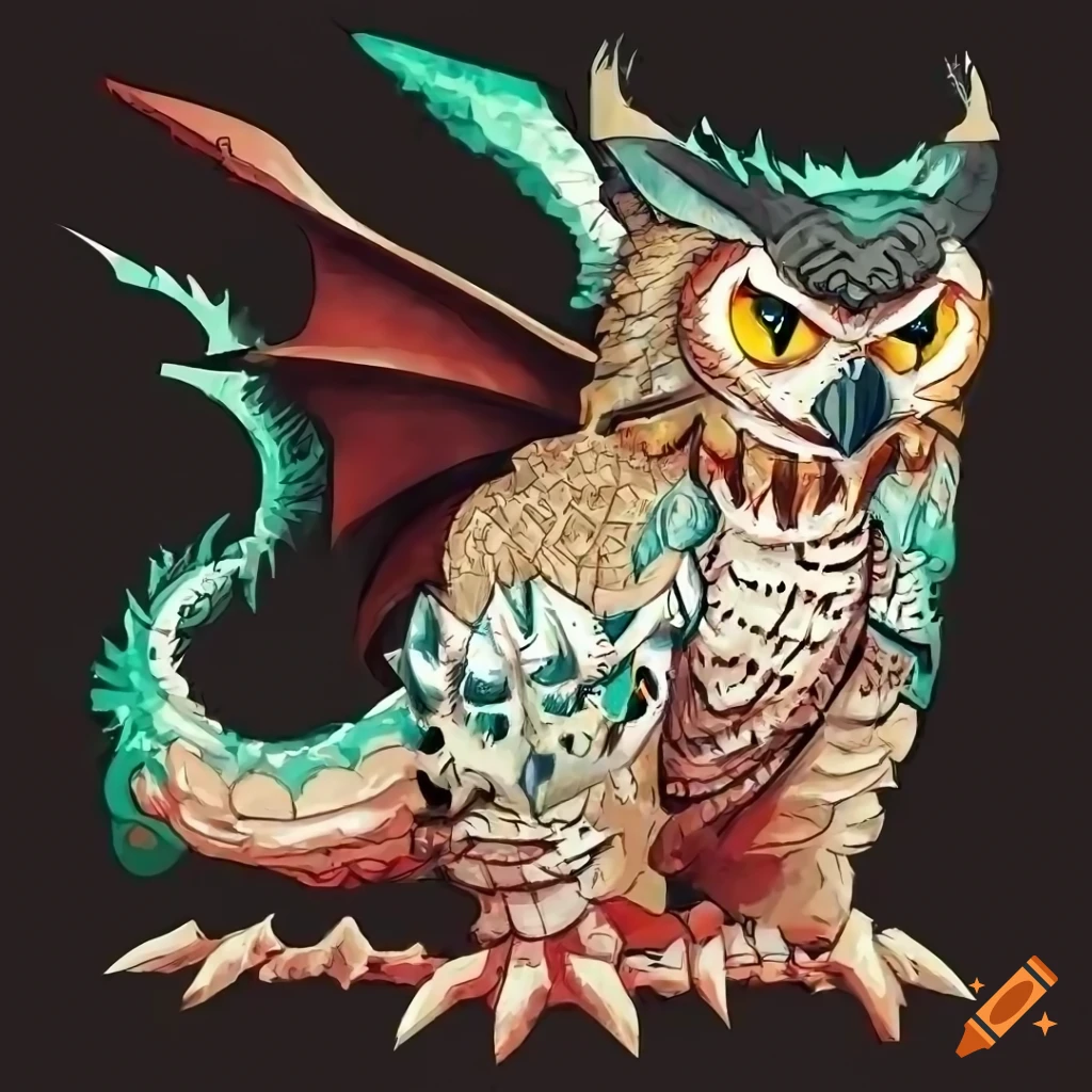 Storybook monster hybrid of horned owl and dragon with webbed wings and ...