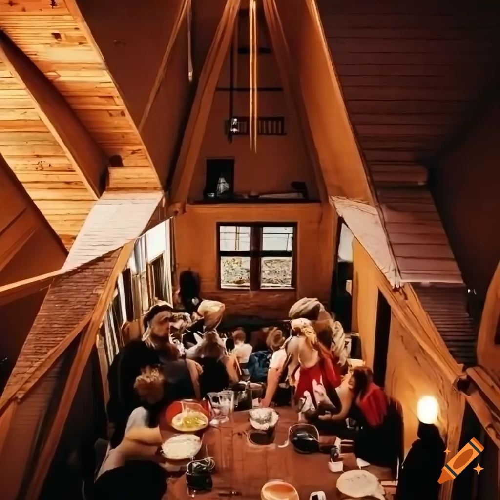 Lively housewarming party in a large attic apartment with people ...