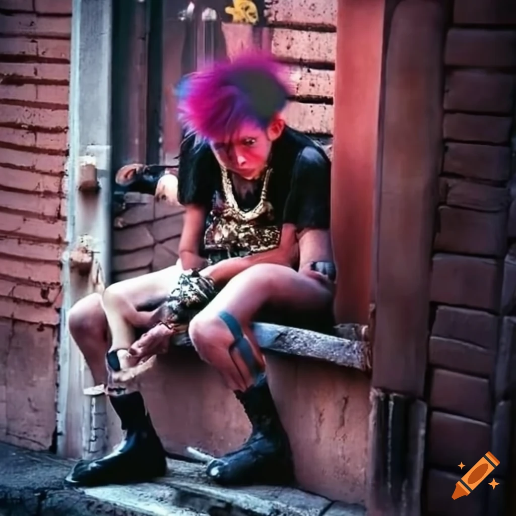 1980s street punk sitting in a gutter on Craiyon