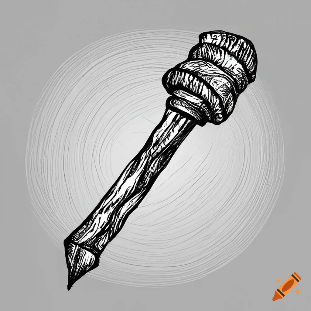 Hand-drawn black and white sketch of a wooden torch inspired by dnd on ...