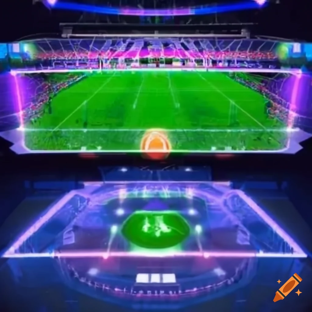 Futuristic stadium with XR player statistics holograms and players on ...