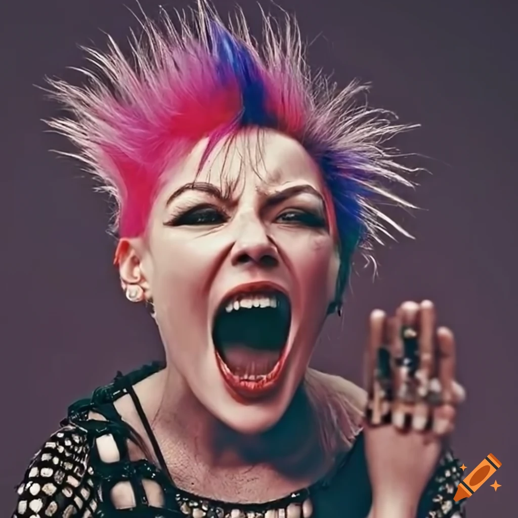 Female punk rock singer screaming passionately on Craiyon