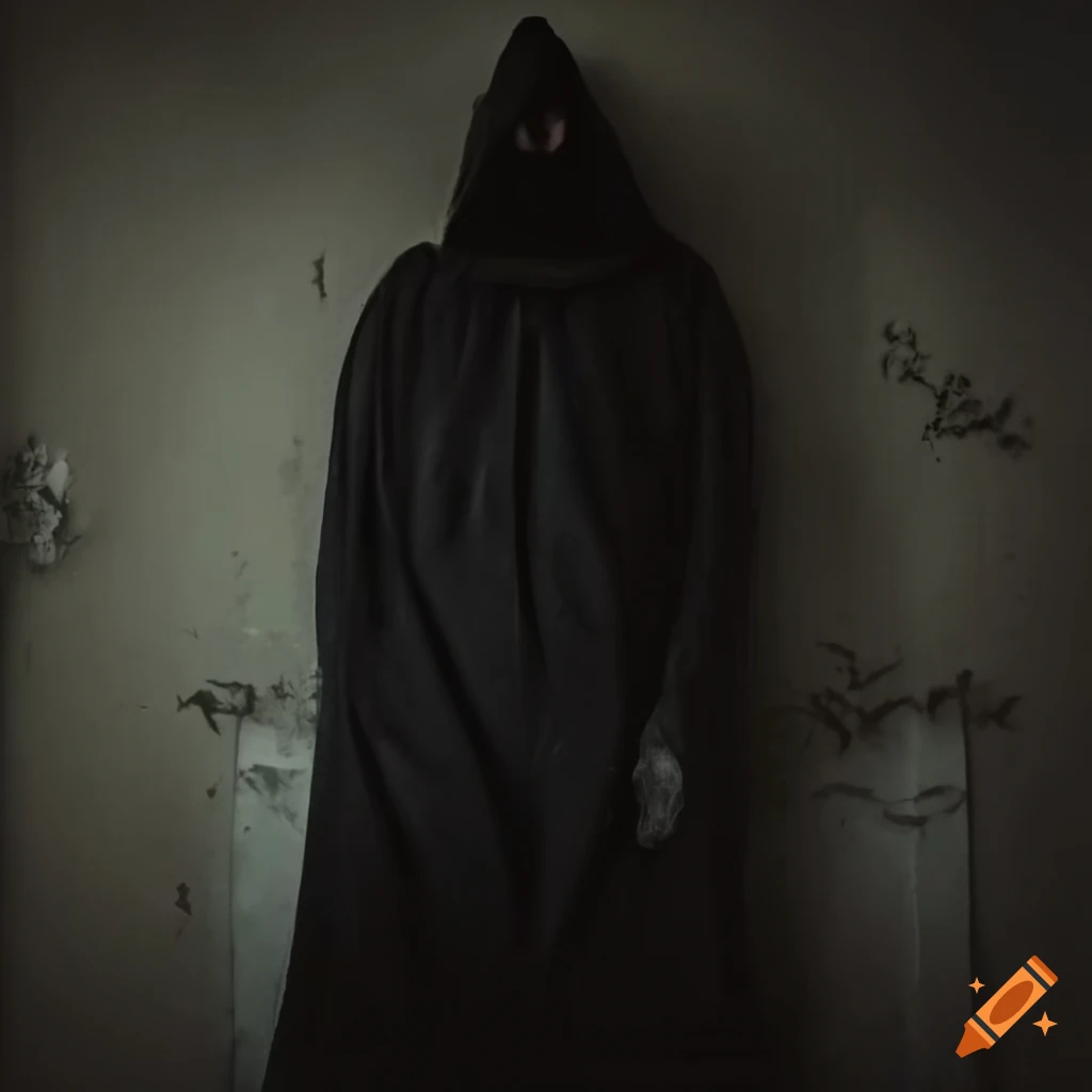 Scraped Polaroid of a dark macabre room with a hooded masked figure on ...