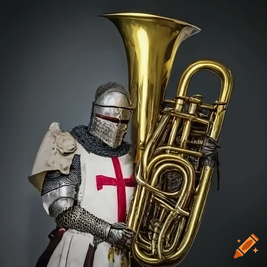 Dark Souls Templar knight in armor playing a golden tuba on a rocky ...
