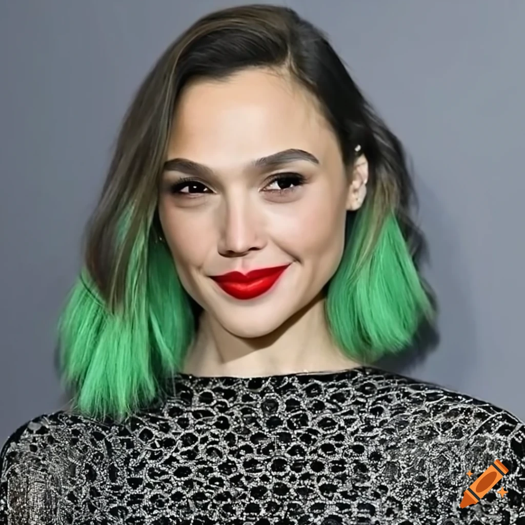 Gal Gadot with sleek green bob hairstyle against grey backdrop on Craiyon