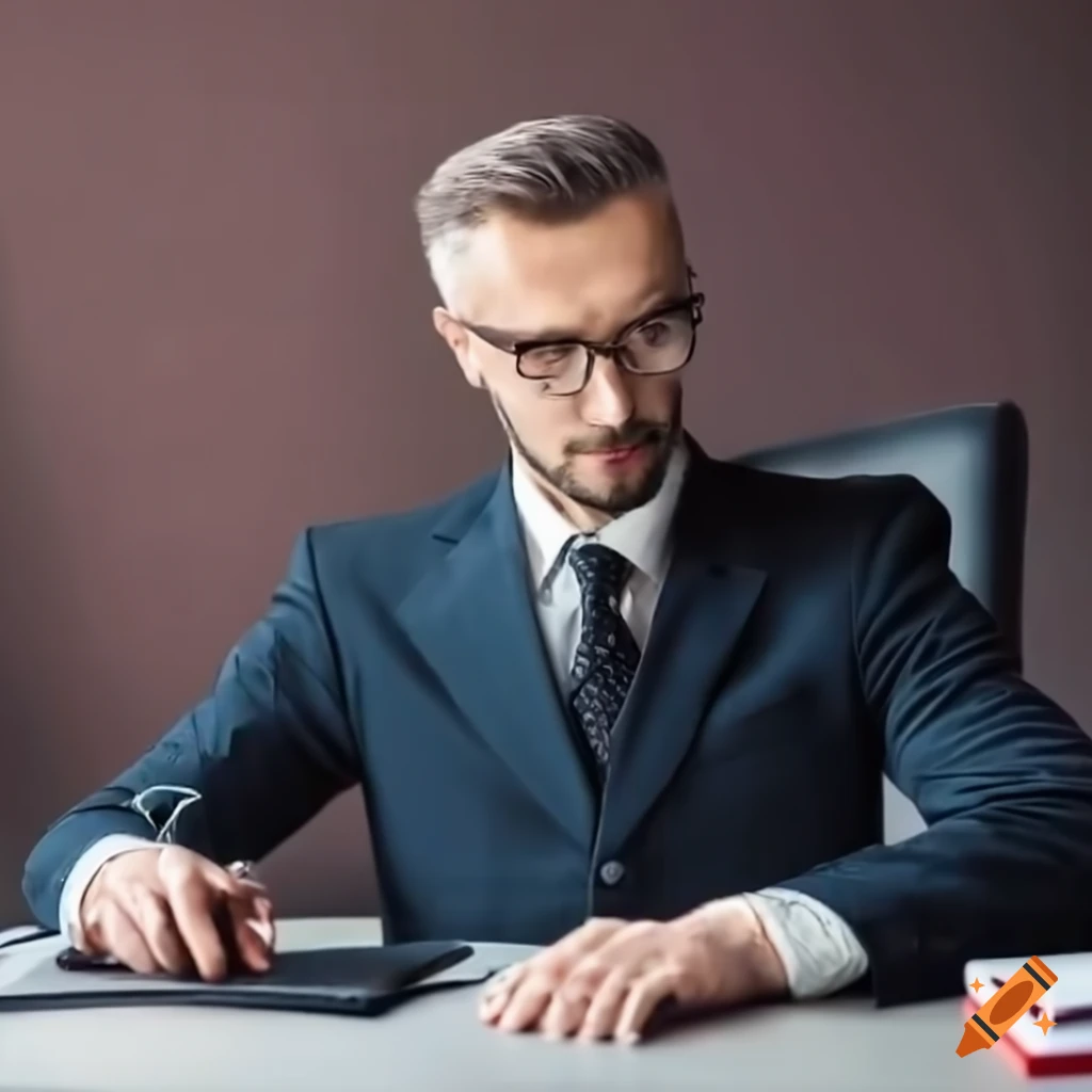 Focused adult male lawyer in formal attire at office desk on Craiyon