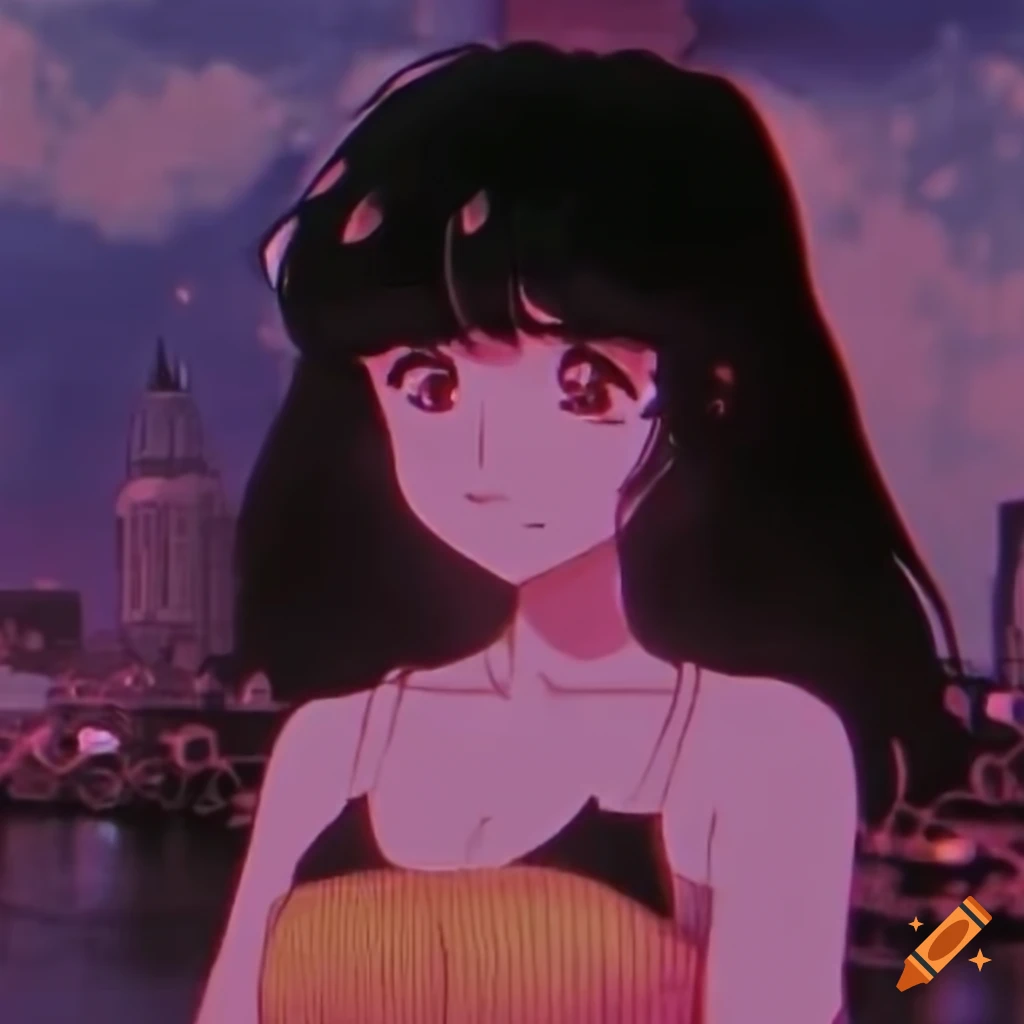 Retro anime aesthetic black haired woman with VHS vibe on Craiyon